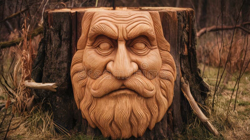 A Carved Face of a Man on the Side of a Tree Stump, AI Stock Image ...