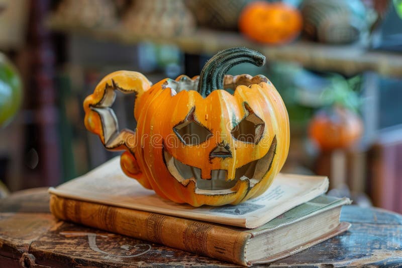 Halloween Jack O Lantern Sitting on Stack of Old Books Stock Image ...