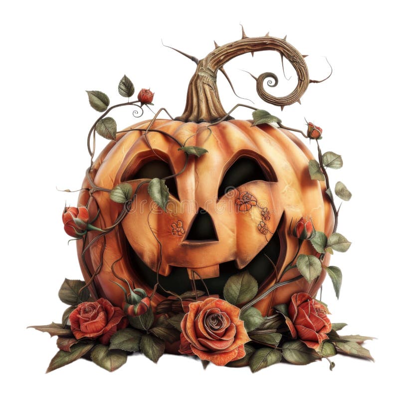 A Carved Jack-o -Lantern Covered in Roses and Vines Stock Illustration ...