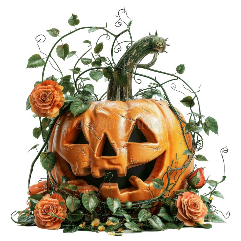 Carved Jack-o -Lantern Pumpkin Adorned with Roses and Vines Stock ...