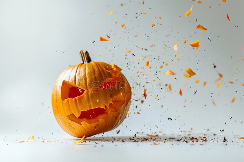 A Carved Pumpkin Bursting into Pieces Against a White Background Stock ...