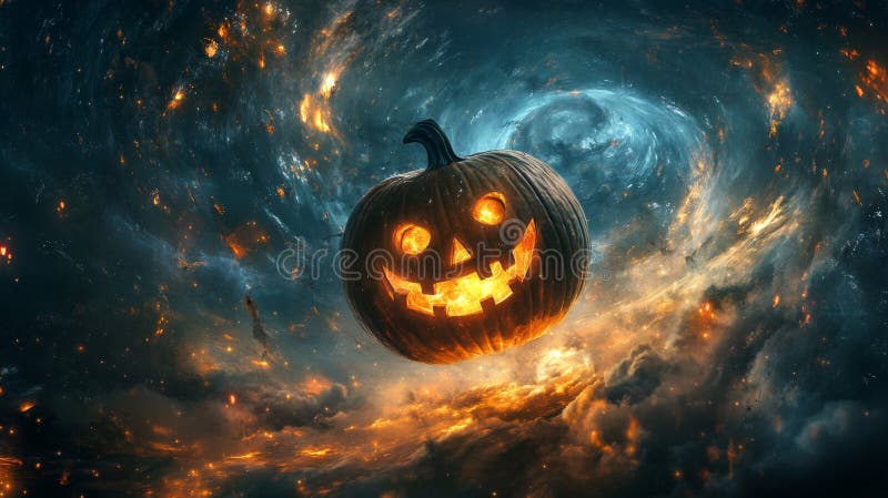 A Carved Pumpkin Floating in a Cosmic Nebula Stock Illustration ...