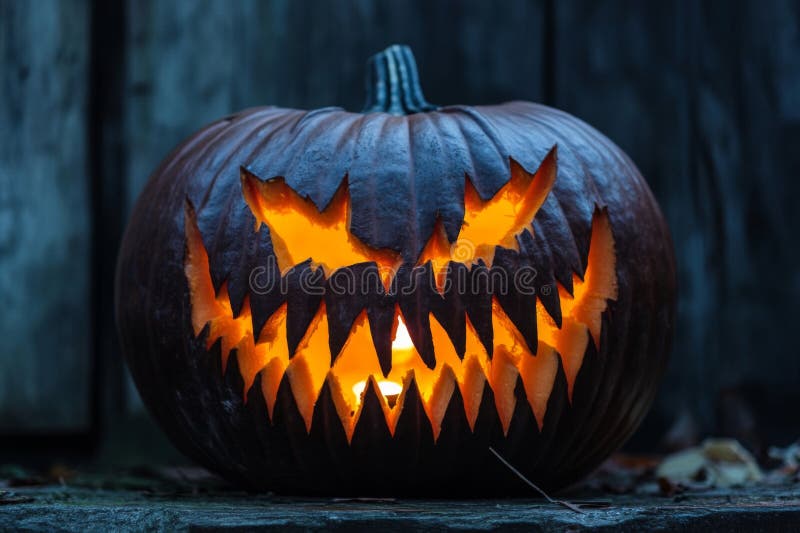 Carved Pumpkin with Glowing Face and Sharp Teeth Stock Illustration ...