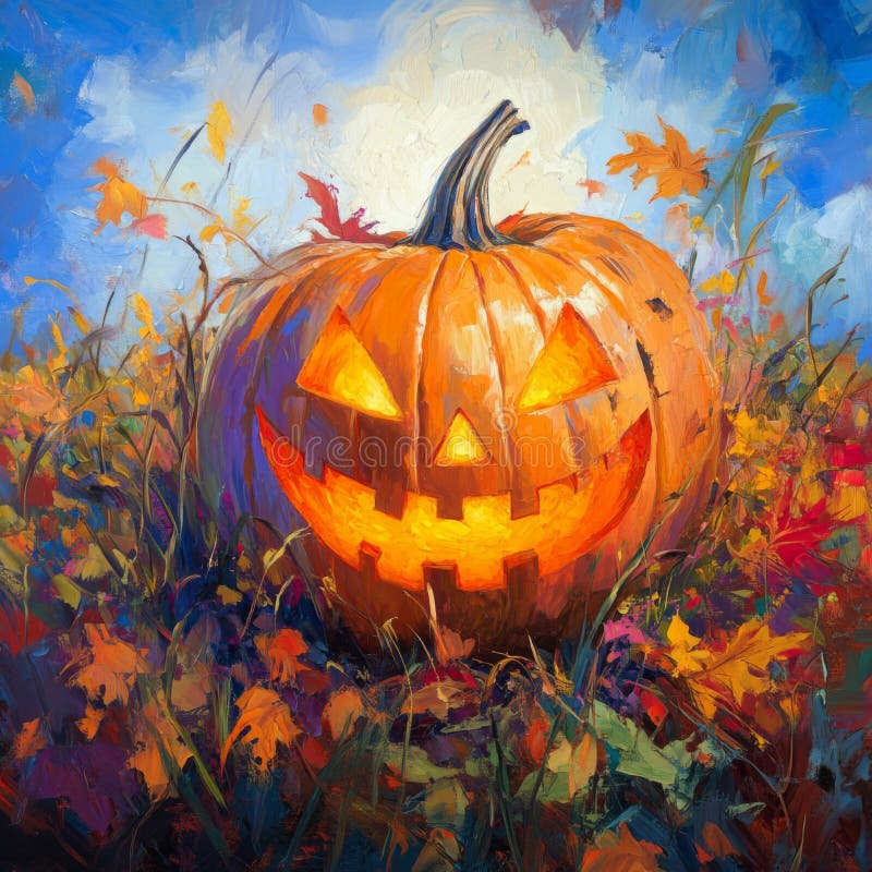 A Carved Pumpkin Glowing in a Field of Fall Colors Stock Illustration ...