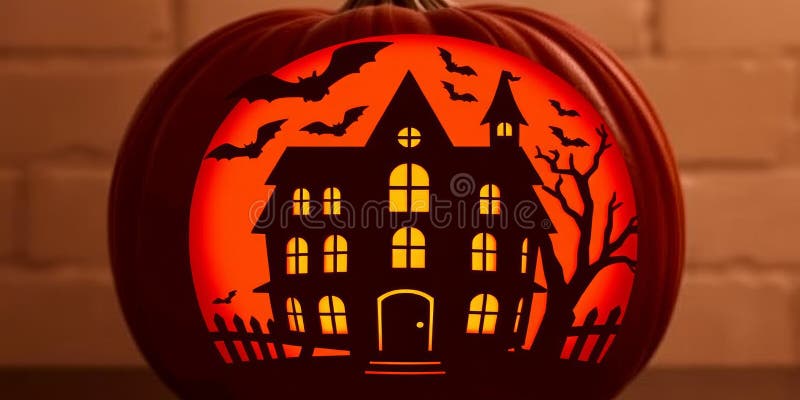 Carved Pumpkin with Haunted House Design Stock Illustration ...