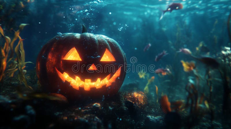 A Carved Pumpkin Lies on the Ocean Floor, Glowing with Light Stock ...