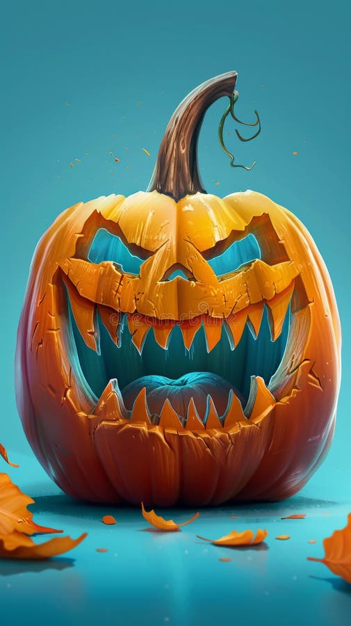 Carved Pumpkin with Menacing Face on Blue Background, Halloween Concept ...