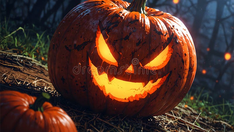 A Carved Pumpkin with a Menacing Grin Sits in a Dark Forest ...