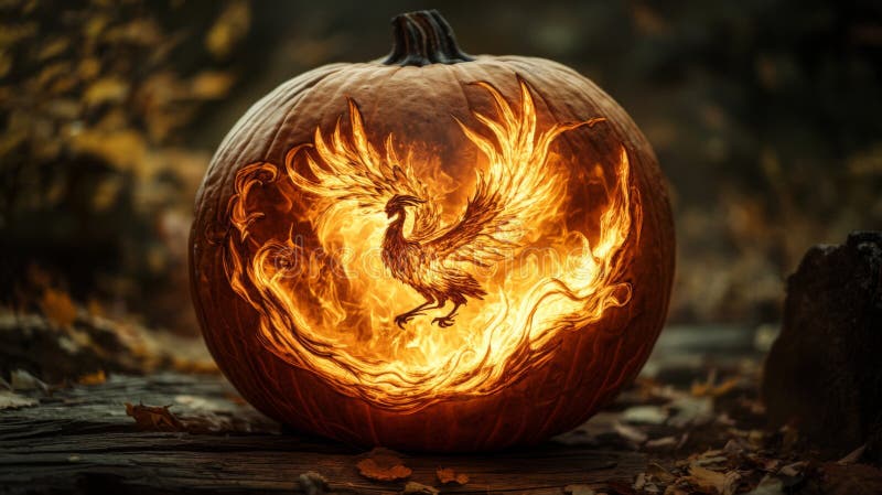 Carved Pumpkin with a Phoenix Rising from Flames Stock Illustration ...