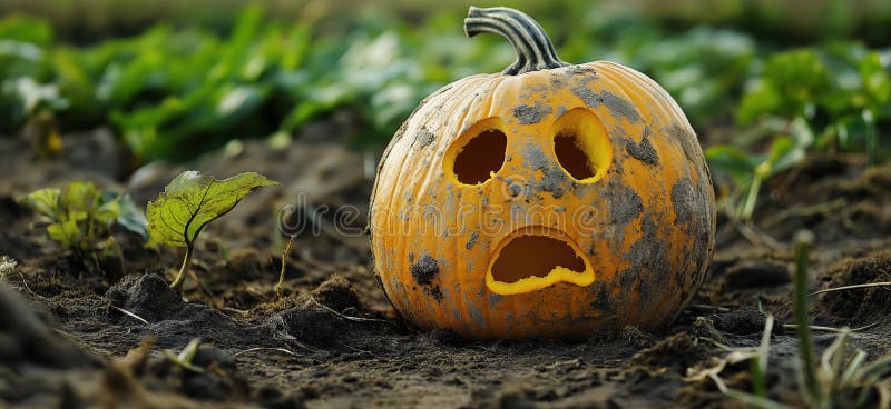 Carved Pumpkin with Sad Face in Field Surrounded by Green Plants and ...