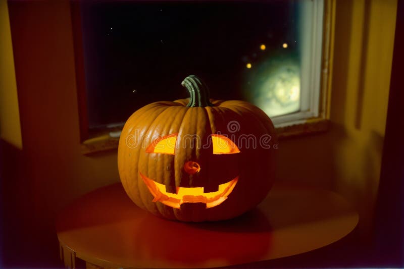 A Carved Pumpkin Sitting on a Table in Front of a Window. Generative AI ...