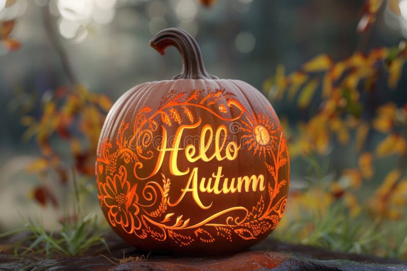 A Carved Pumpkin with the Words Hello Autumn Sits on the Ground in ...