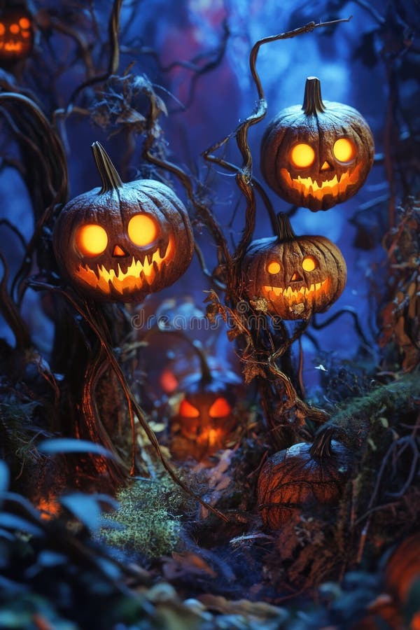 Carved Pumpkins in Forest stock image. Image of tree - 380145781