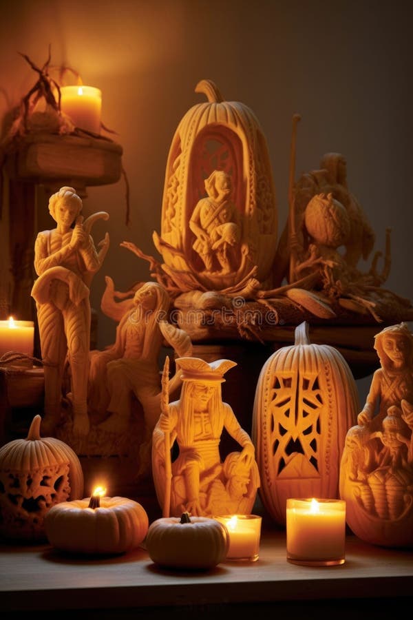 Carved Pumpkins Glowing with Candlelight for Halloween Stock ...