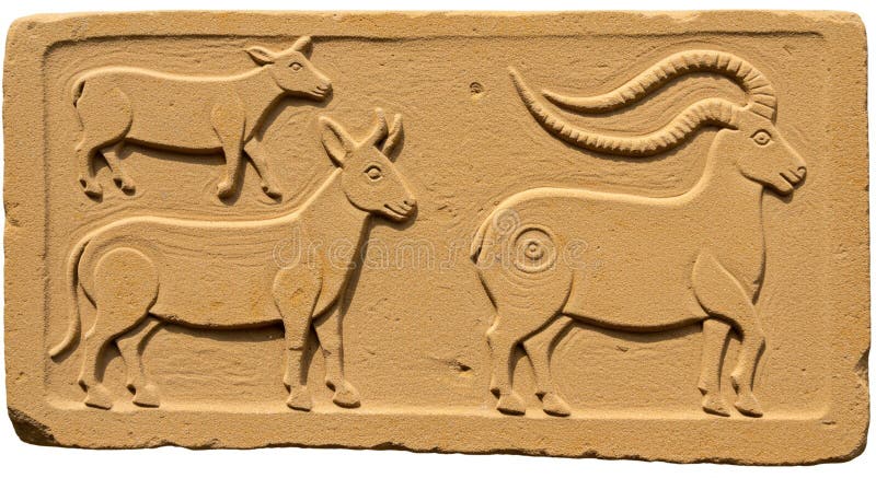 Carved Relief on a Rectangular Stone Slab Features Three Animals in ...