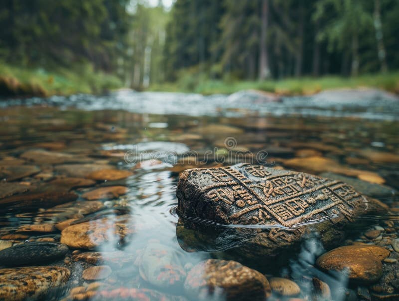 Carved Rock in Flowing River Stock Illustration - Illustration of river ...