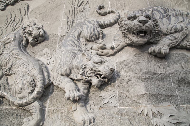 The Carved Stone of Chinese Temple and Tiger Statue Stock Photo - Image ...