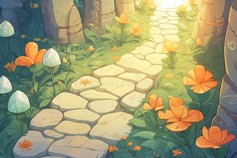 Carved Stone Pathways Edged with Glowing Flora Stock Illustration ...