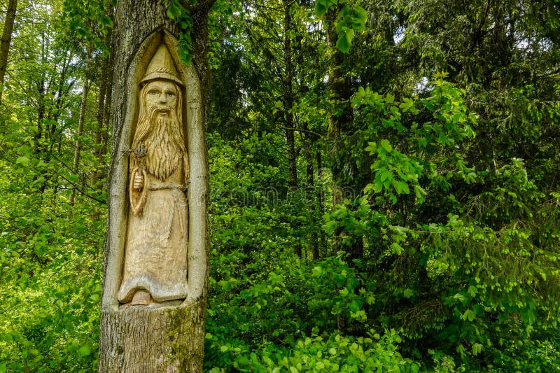 Carved Tree with a Saint Figure in a Green Forest Detail Stock Image ...
