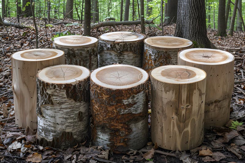 Rustic Outdoor Seating Arrangement with Carved Tree Stumps in Forest ...
