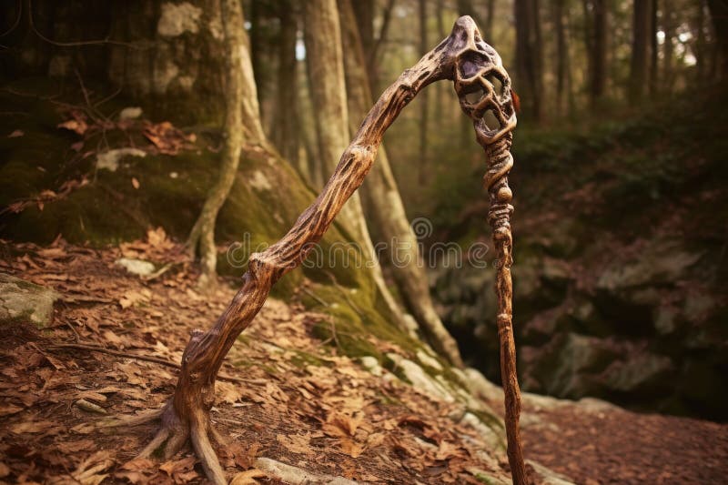 Carved Walking Stick Leaning Against a Tree in the Forest Stock ...