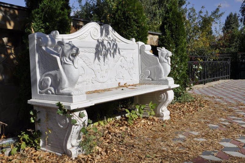 Carved White Bench in the Park Under a Tree Stock Image - Image of ...