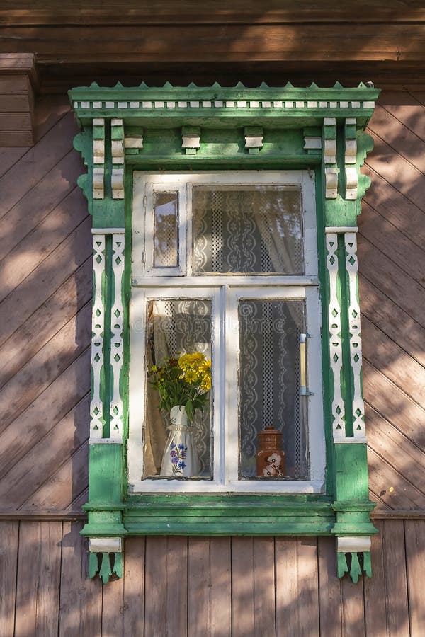 Carved Window of a Wooden House Stock Photo - Image of frame ...