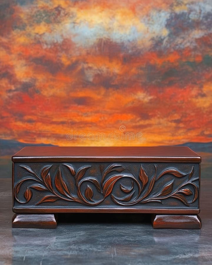 Carved Wooden Box Displayed Against a Dramatic Painted Sky Stock ...