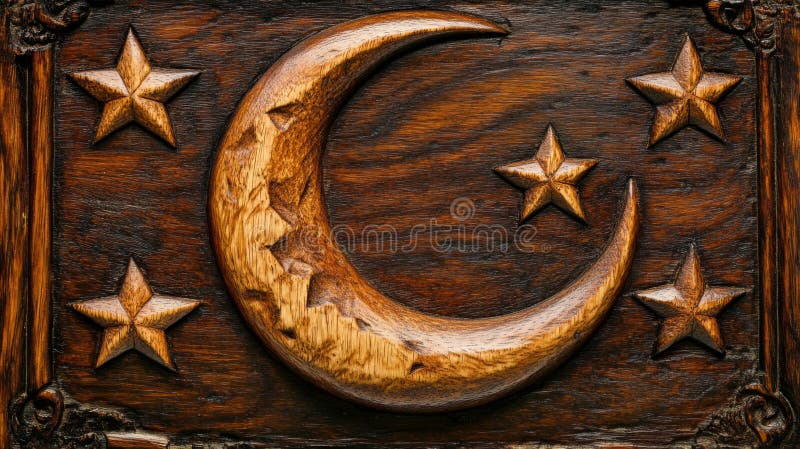 Carved Wooden Crescent Moon with Stars Design Stock Illustration ...