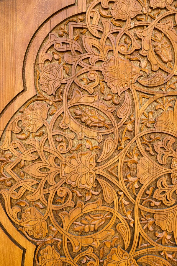Carved Wooden Doors with Patterns and Mosaics. Stock Photo - Image of ...