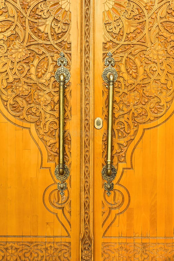 Carved Wooden Doors with Patterns and Mosaics. Stock Photo - Image of ...