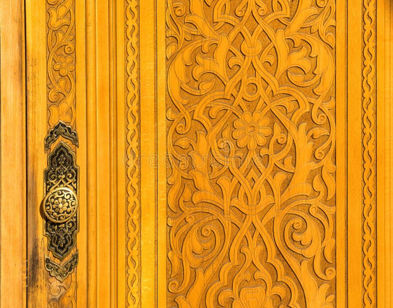 Carved Wooden Doors with Patterns and Mosaics. Stock Photo - Image of ...