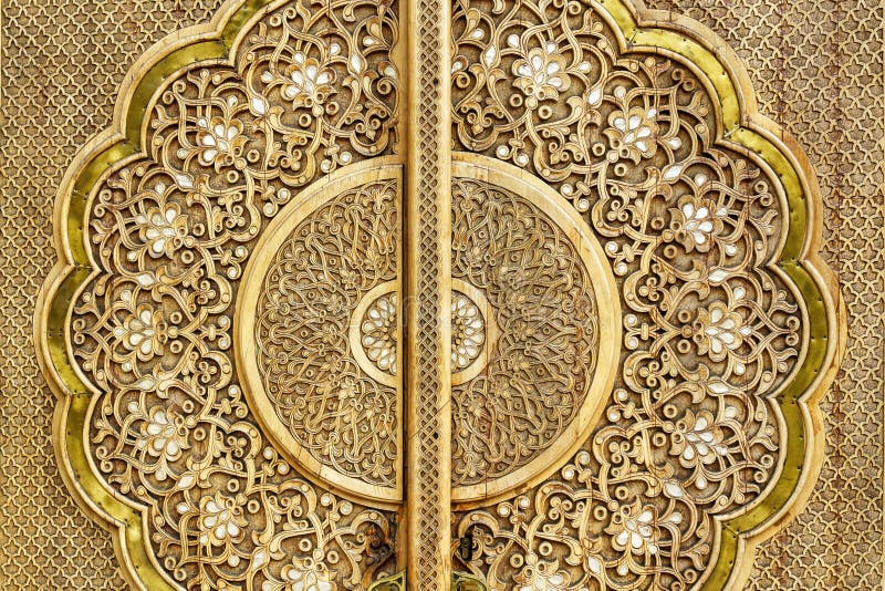 Carved Wooden Doors with Patterns and Mosaics. Stock Image - Image of ...