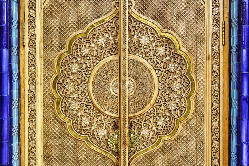 Carved Wooden Doors with Patterns and Mosaics. Stock Image - Image of ...