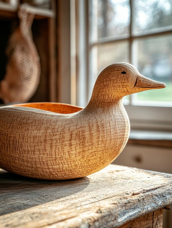 Carved Wooden Duck on a Wooden Table. Stock Photo - Image of rustic ...