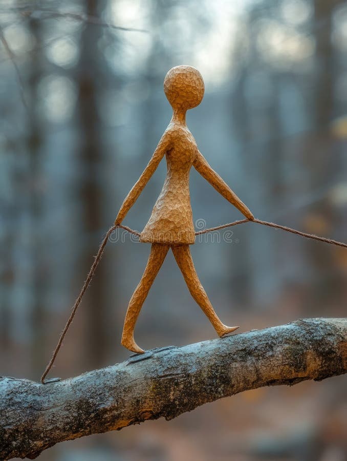 A Carved Wooden Figurine Balancing on a Tree Branch in the Forest ...