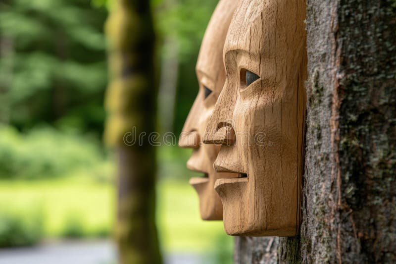 Carved Wooden Masks on Tree in Tranquil Forest Setting Stock Photo ...