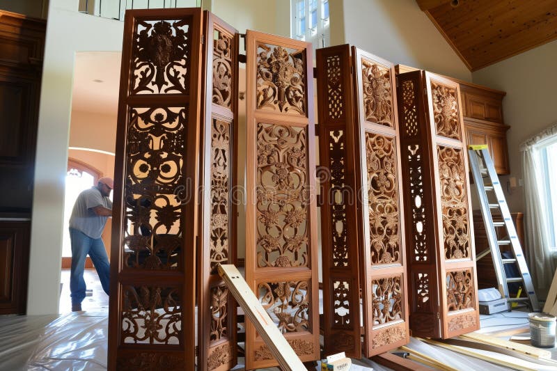 A Carved Wooden Screen Room Divider Being Erected Stock Illustration ...