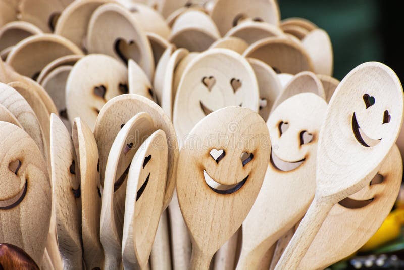 Carved Wooden Spoons, Iconic Faces Stock Photo - Image of positive ...