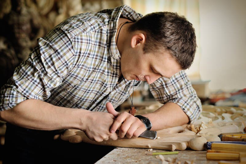 Carver in Workshop of Wood Carving Stock Image - Image of lumber ...
