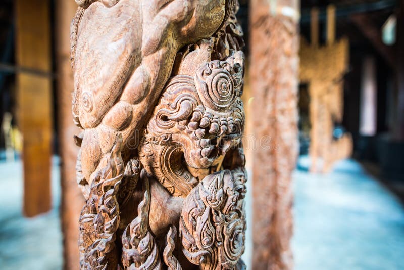 Carving Art on Wooden Column Stock Image - Image of siam, detail: 212791555