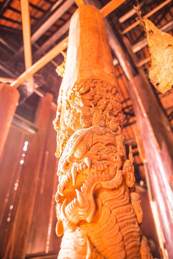 Carving Art on Wooden Column Stock Image - Image of column, lanna ...