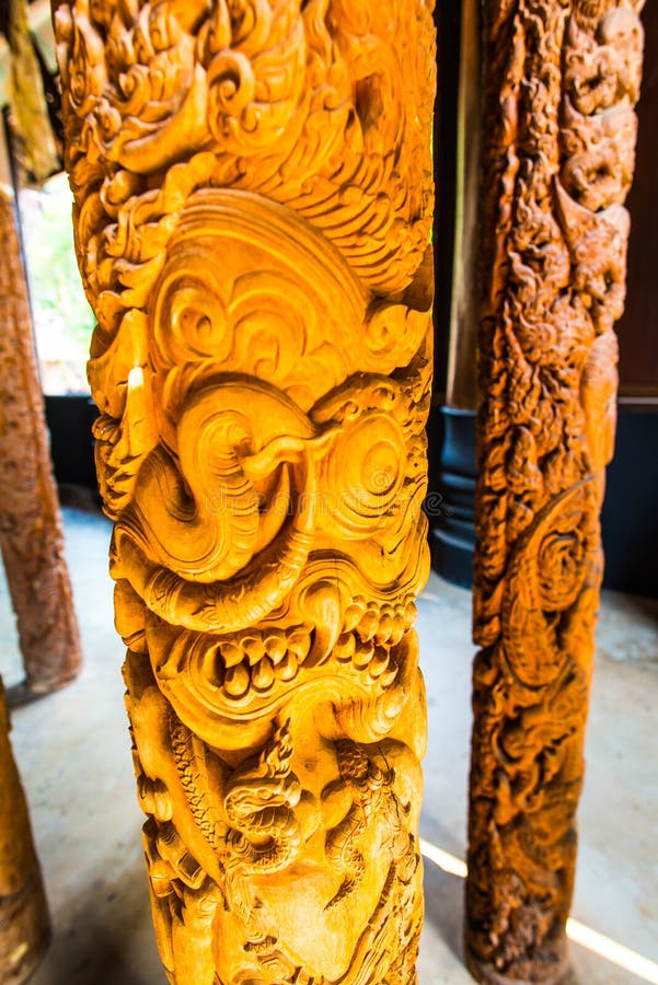 Carving Art on Wooden Column Stock Photo - Image of culture, brown ...