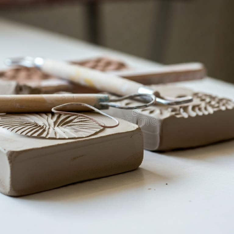 Carving Tools Rest Alongside Clay Blocks on a Table. the Clay Features ...