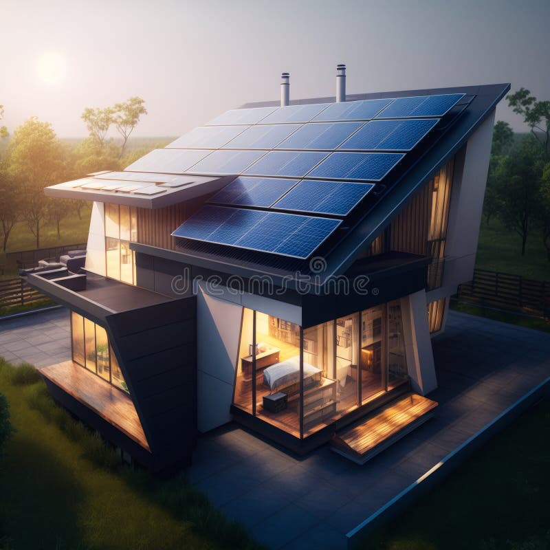 Casa Moderna Con Paneles Solares En El Techo. Ai Generativo Stock de ...