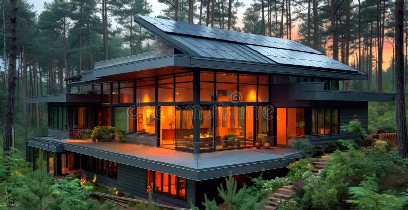 Casa Moderna Con Paneles Solares En El Techo Del Bosque Stock de ...