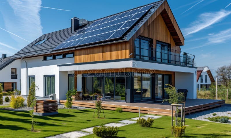 Casa Moderna Con Paneles Solares Instalados En El Techo. Casa Moderna ...