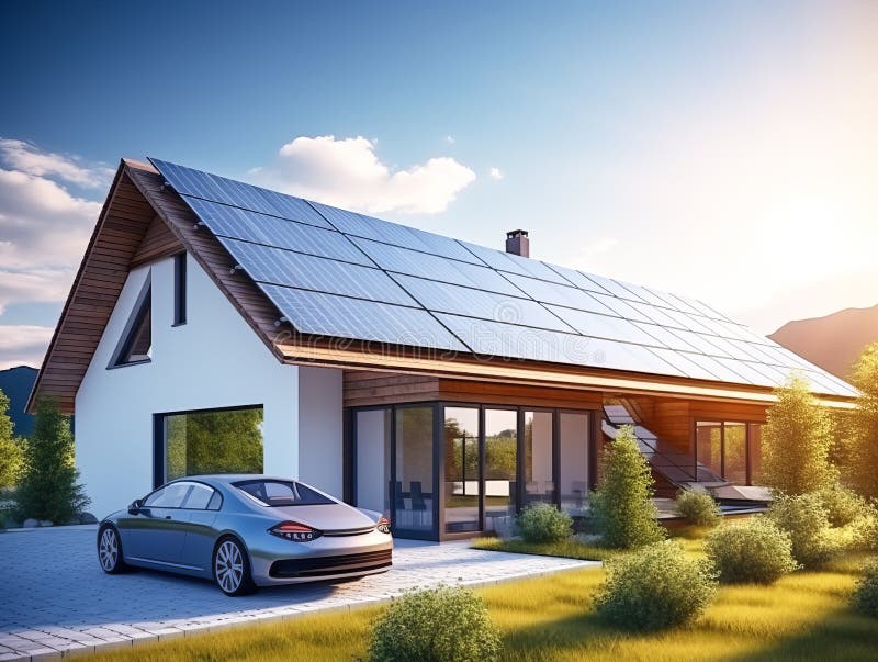 Casa Moderna Con Paneles Solares Y Auto Moderno Cerca De La Casa ...