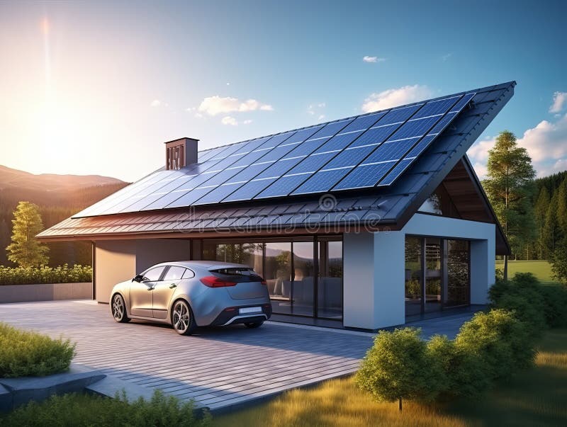 Casa Moderna Con Paneles Solares Y Auto Moderno Cerca De La Casa. Foto ...