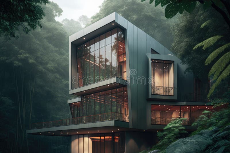 Casa Moderna Con Vetrate Panoramiche Nella Giungla Ai Generative ... Casa Moderna Con Vetrate Panoramiche Nella Giungla Ai Generative ...